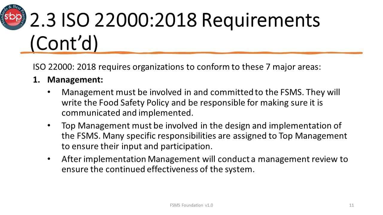 ISO 22000 FDS2Slide11 – Standards and Best Practice (SandBP)